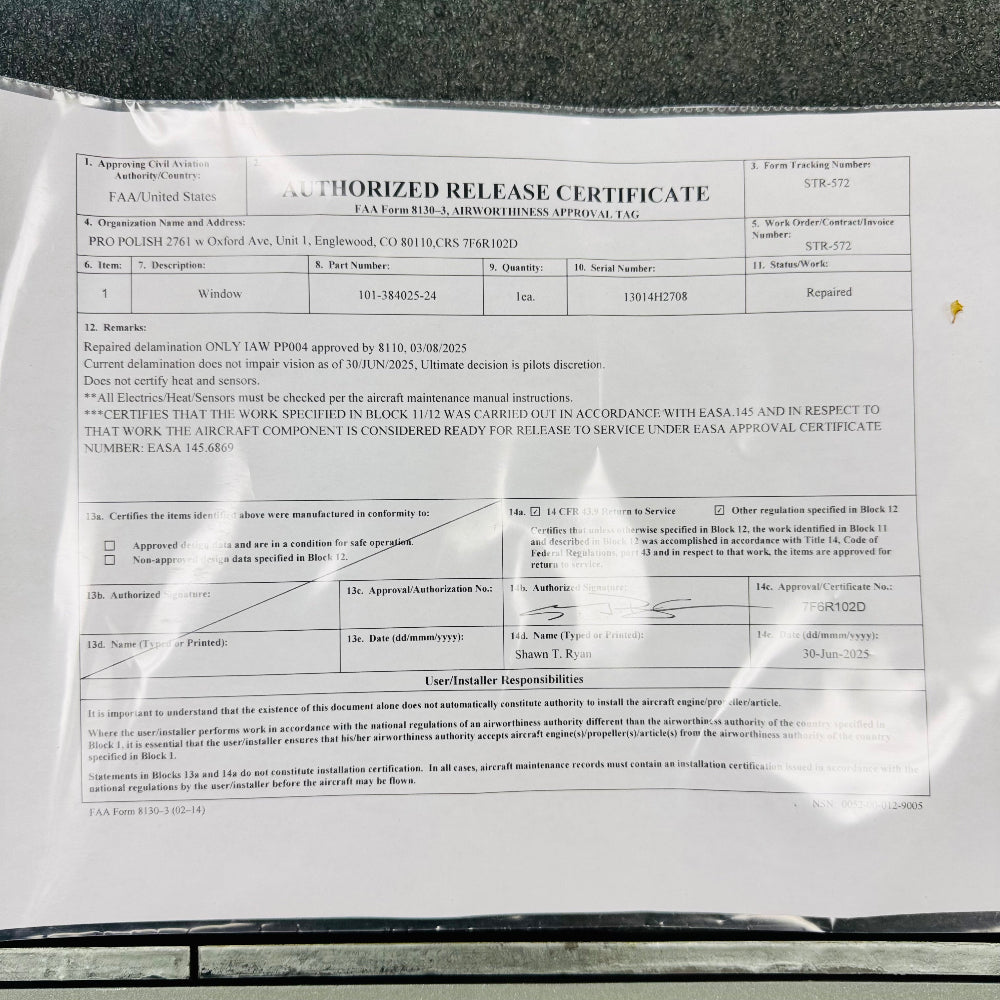 SOLD! 101-384025-24 RH WINDSHIELD - REPAIRED FAA 8130 DUAL RELEASE ...